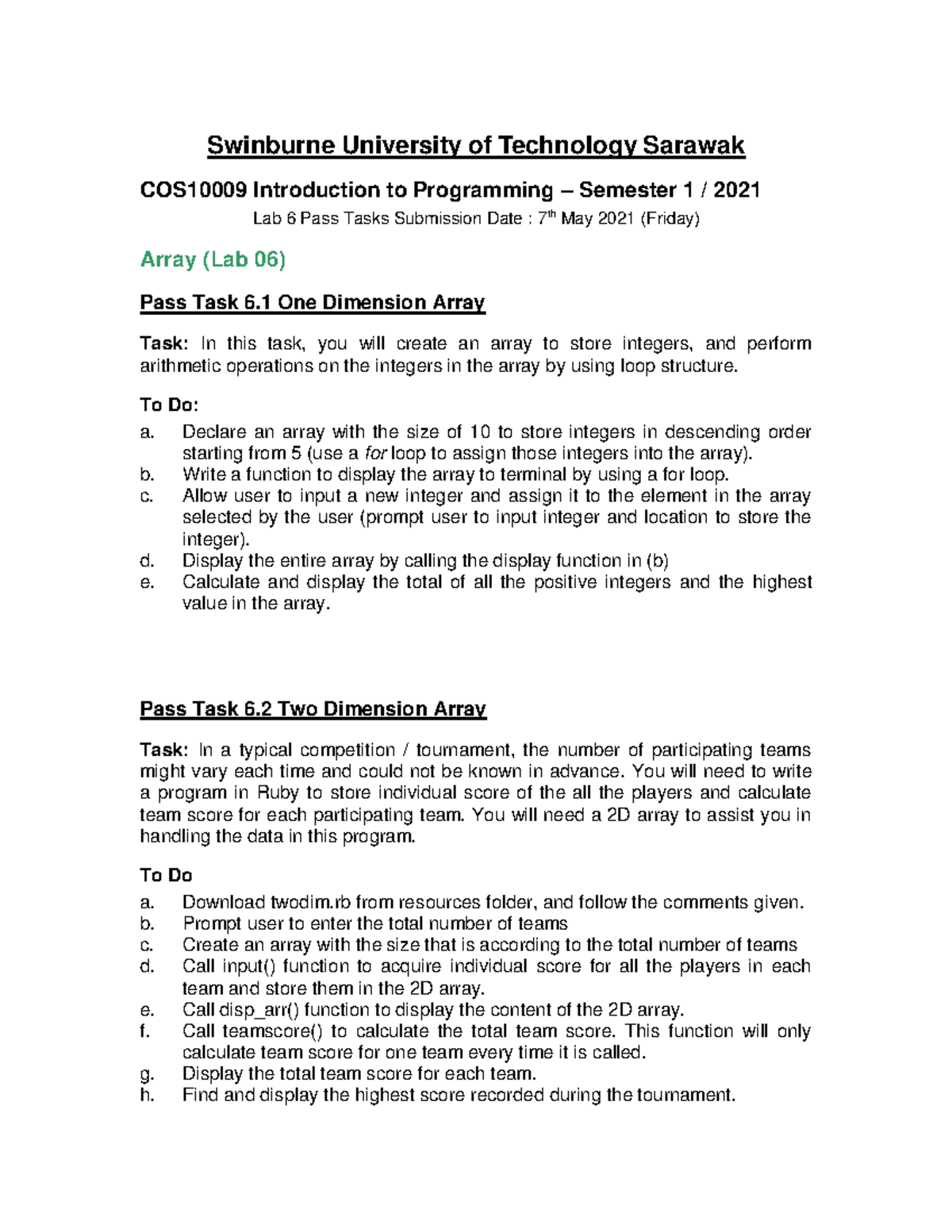 COS10009 Lab 6m nkjh nb hj bkb j jbbg kkjkjhn - Swinburne University of Technology Sarawak ...