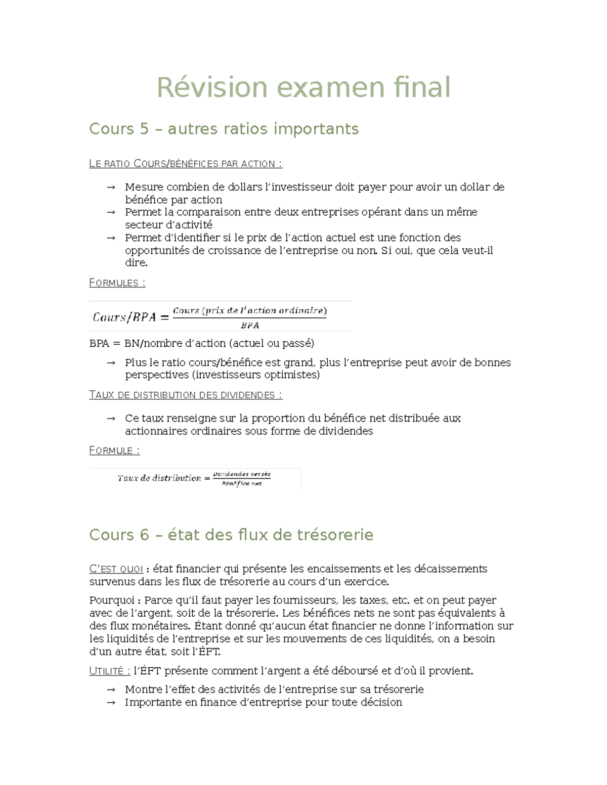 Révision examen final - Révision examen final Cours 5 – autres ratios ...