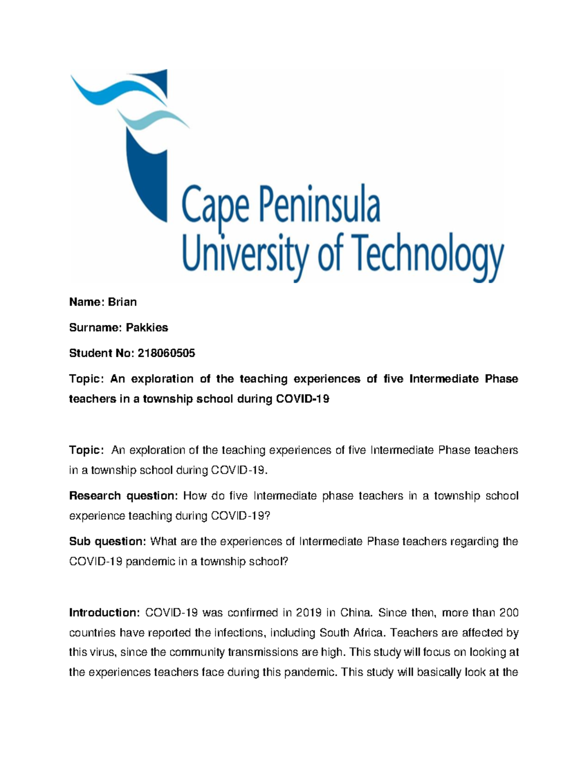 Brian Pakkies 218060505 Proposal - Name: Brian Surname: Pakkies Student ...