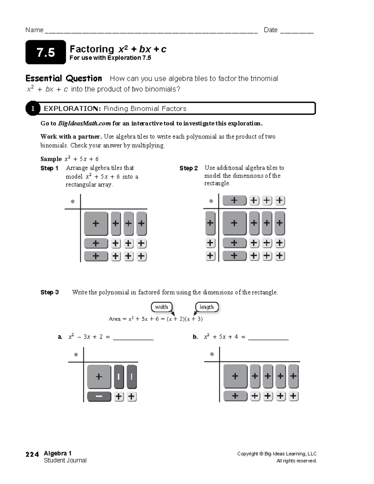 1-2 Block - 7.5 Student Journal - Algebra 1 Copyright © Big Ideas ...