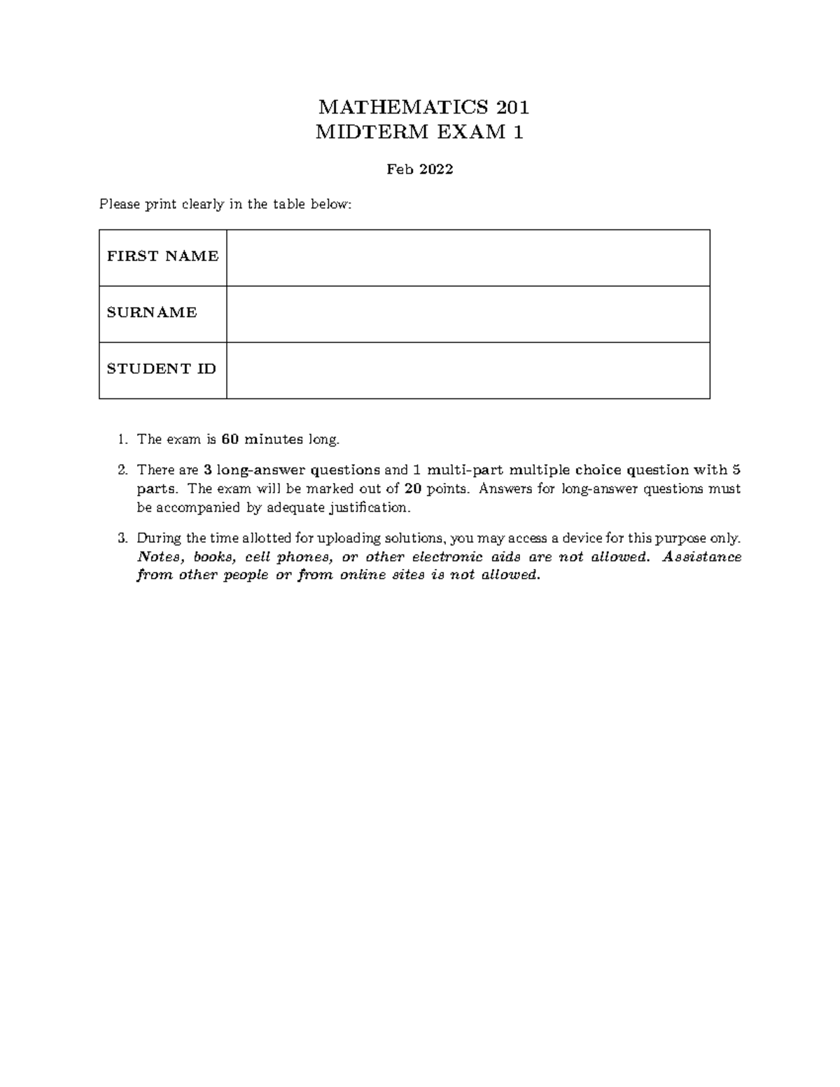 Winter 2022midterm 1 - Lol - MATHEMATICS 201 MIDTERM EXAM 1 Feb 2022 ...