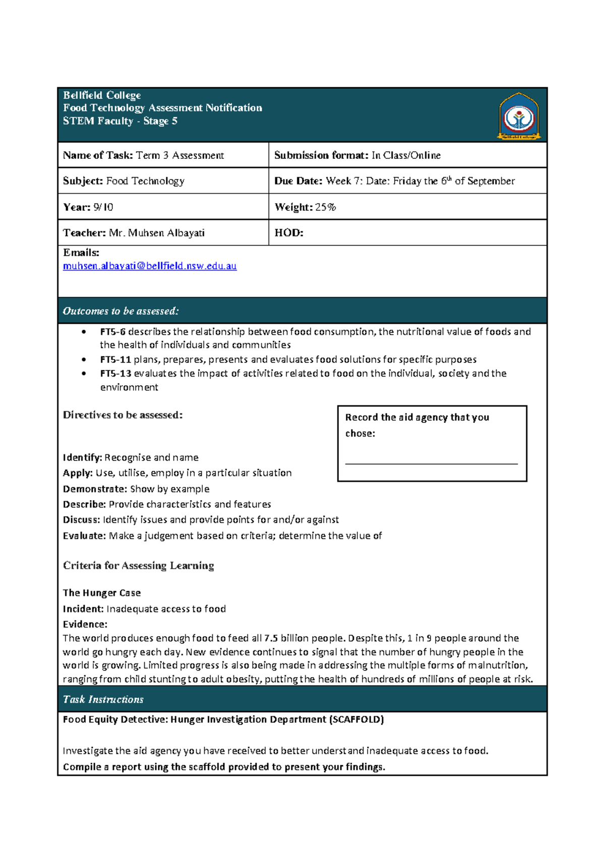 FT 2024 - Term 3 Assessment Notification - Bellfield College Food ...