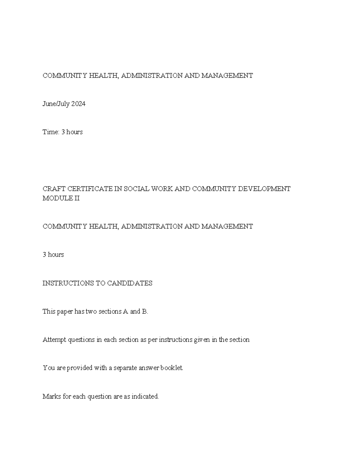 Community health - assessment paper - COMMUNITY HEALTH, ADMINISTRATION ...