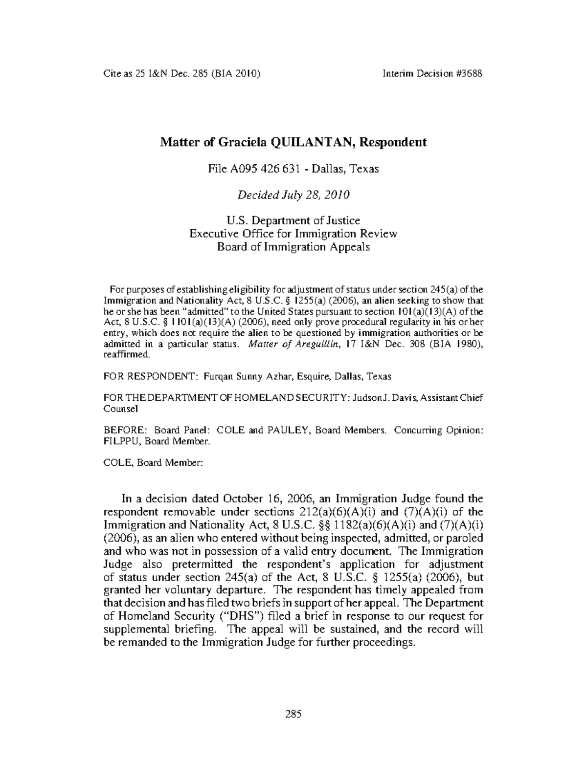 3688 - Matter of Graciela QUILANTAN, Respondent - Matter of Graciela ...