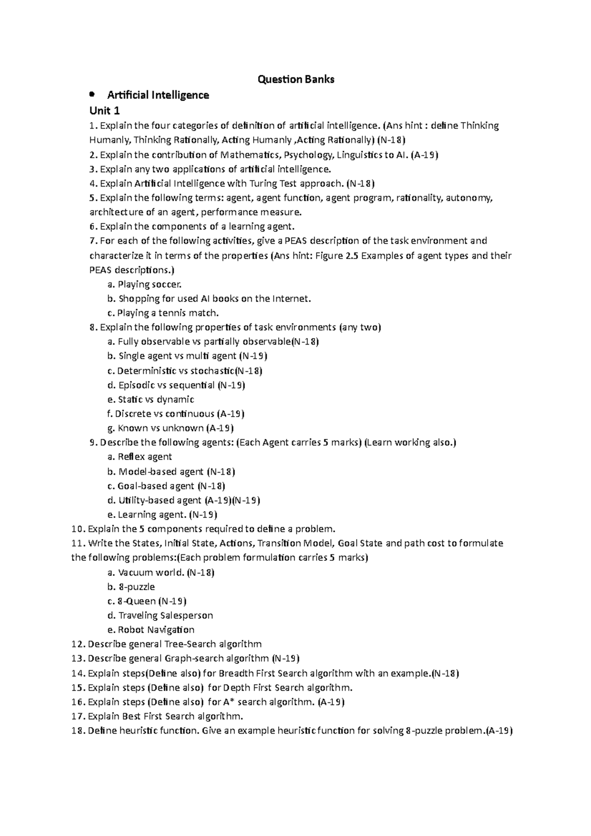 AI Question Banks - Question Banks Artificial Intelligence Unit 1 ...