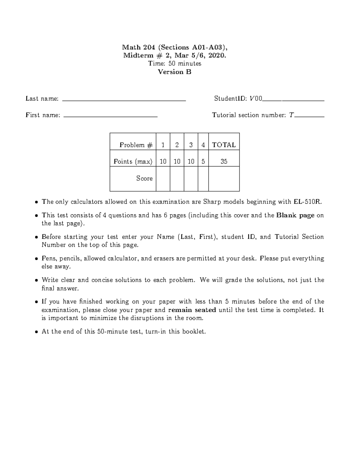 MATH 204 midterm2 solution - Math 204 (Sections A01-A03), Midterm # 2 ...