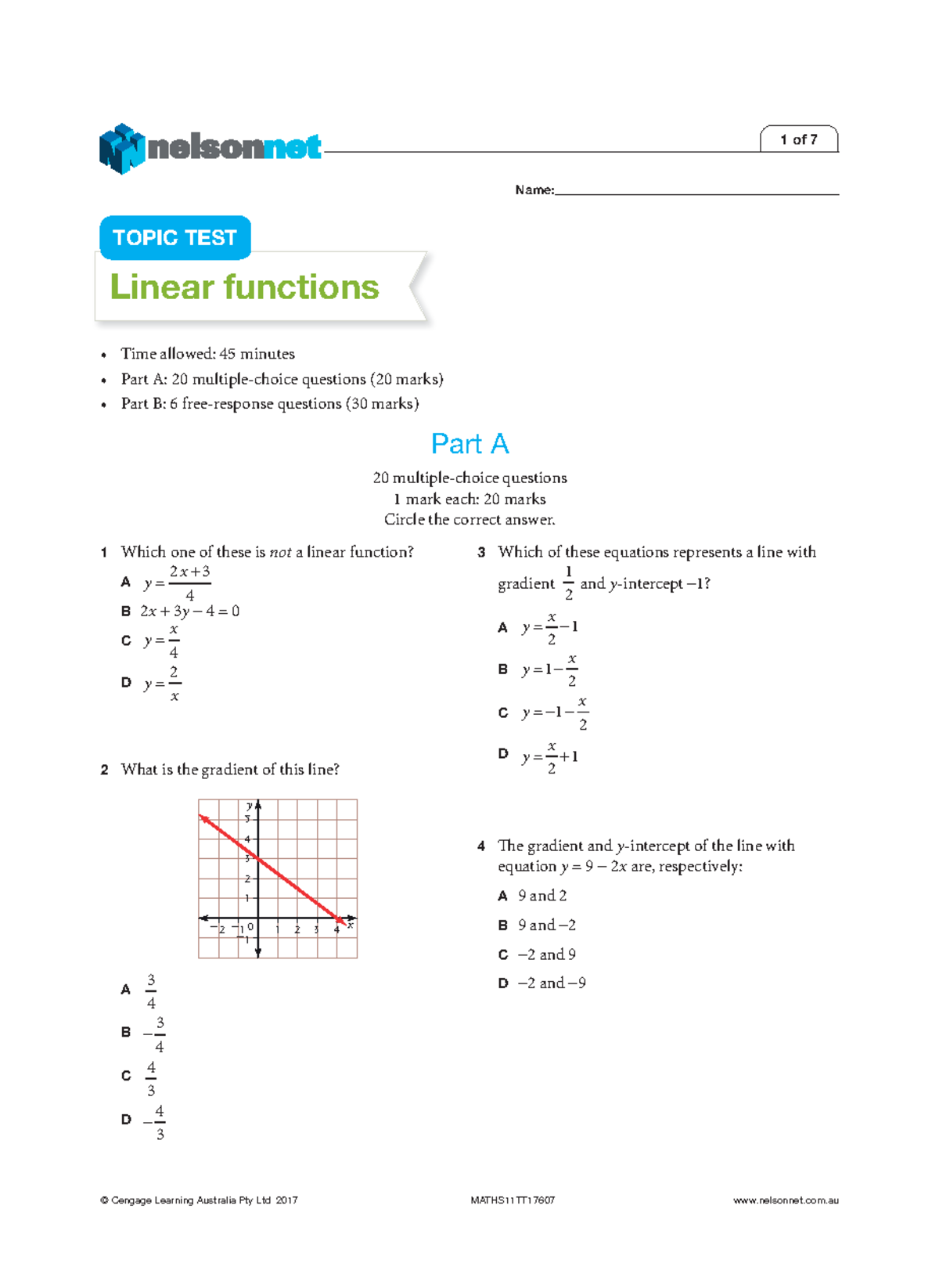 7. Linear function - PRACTICE WORKSHEET YR 11 TOPICS - Name: Linear ...