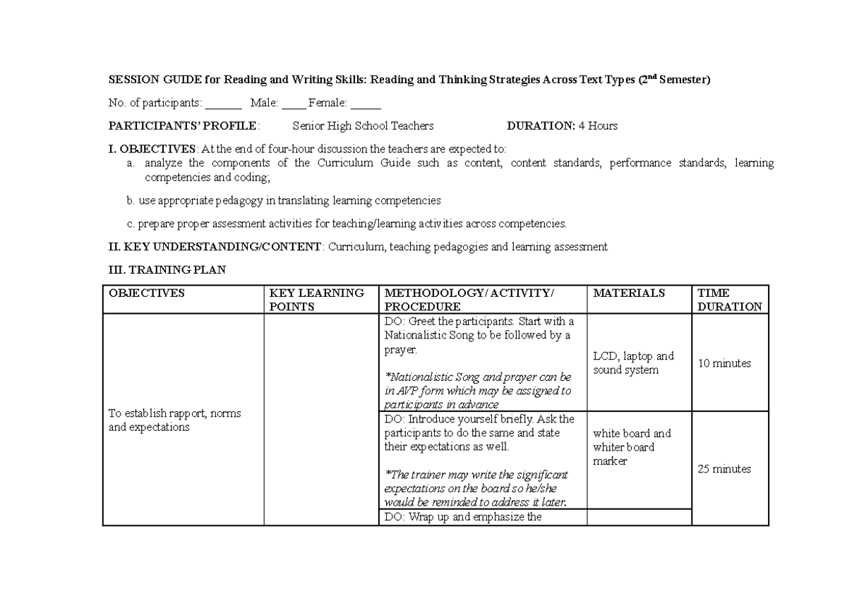 Session Guide for Reading and Writing Across Text Types - SESSION GUIDE ...