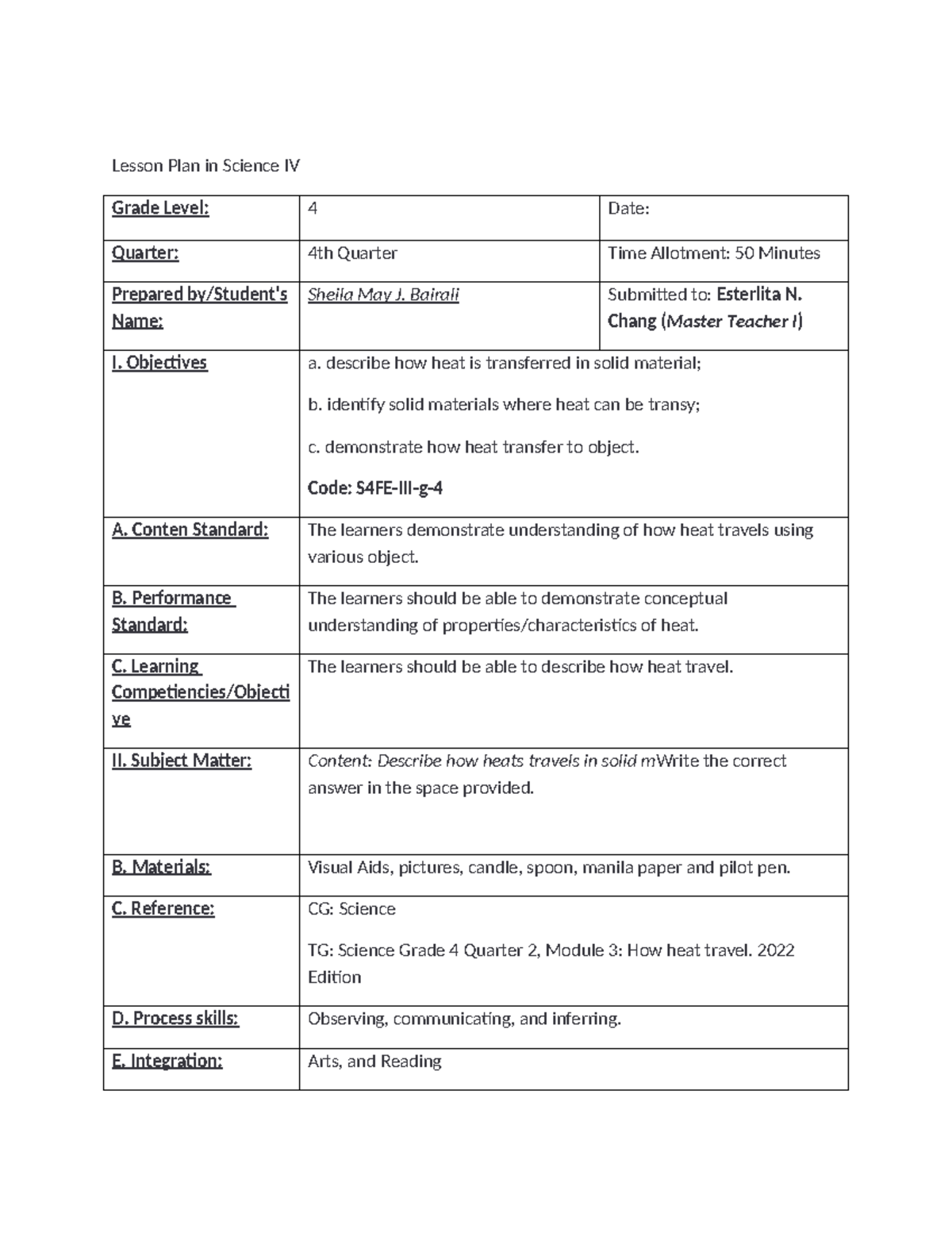 5E's Science DLP - Lesson Plan in Science IV Grade Level: 4 Date ...