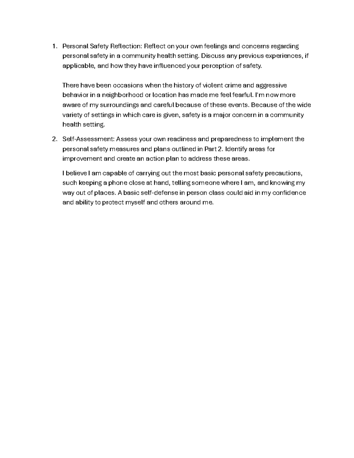 Part 3 reflection and self-assessment questions - Personal Safety ...