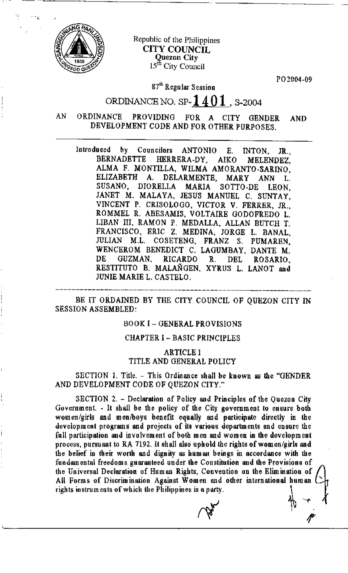 SP-1401, S-2004- Ordinace Providing for a City Gender and d Development ...