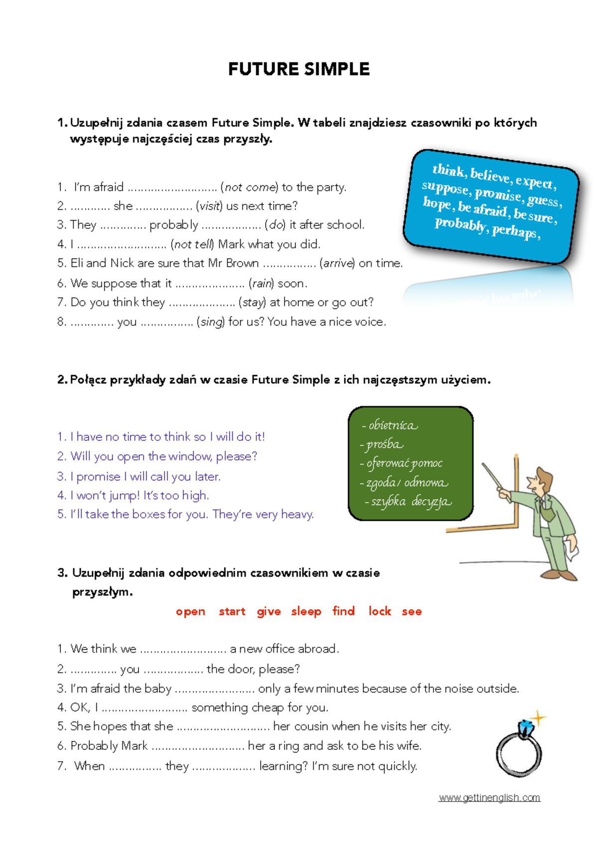 Future-simple-gramatyka-angielski-gettin-english - FUTURE SIMPLE Uzupełnij zdania czasem Future ...