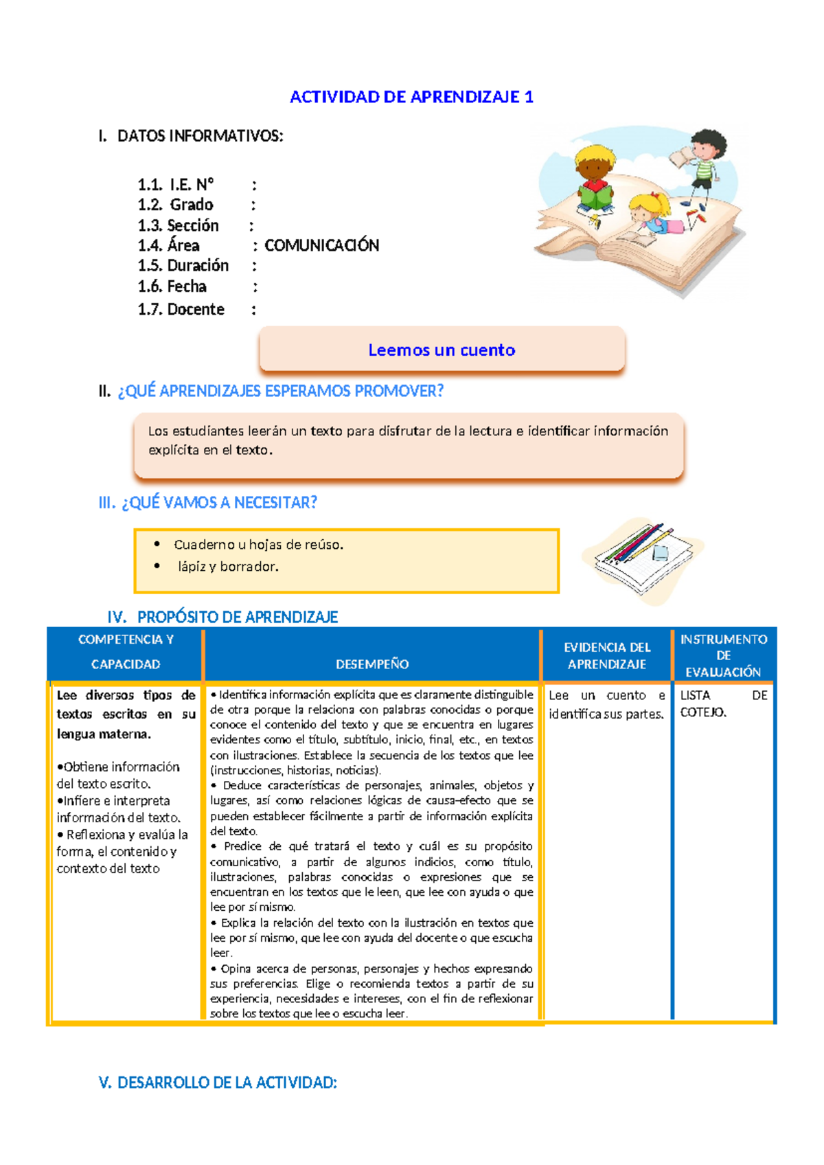D1 A1 Sesion Leemos un cuento - ACTIVIDAD DE APRENDIZAJE 1 I. DATOS INFORMATIVOS: 1. I. Nº : 1 ...