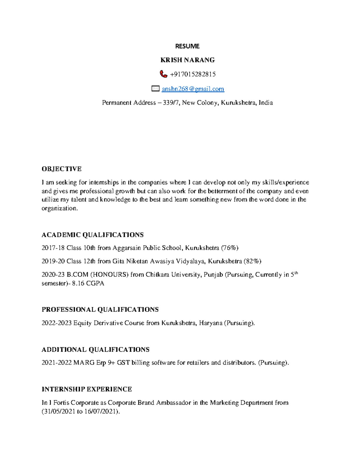 Resume of Krish Narang B.COM SEC. Y - RESUME KRISH NARANG + anshn268 ...