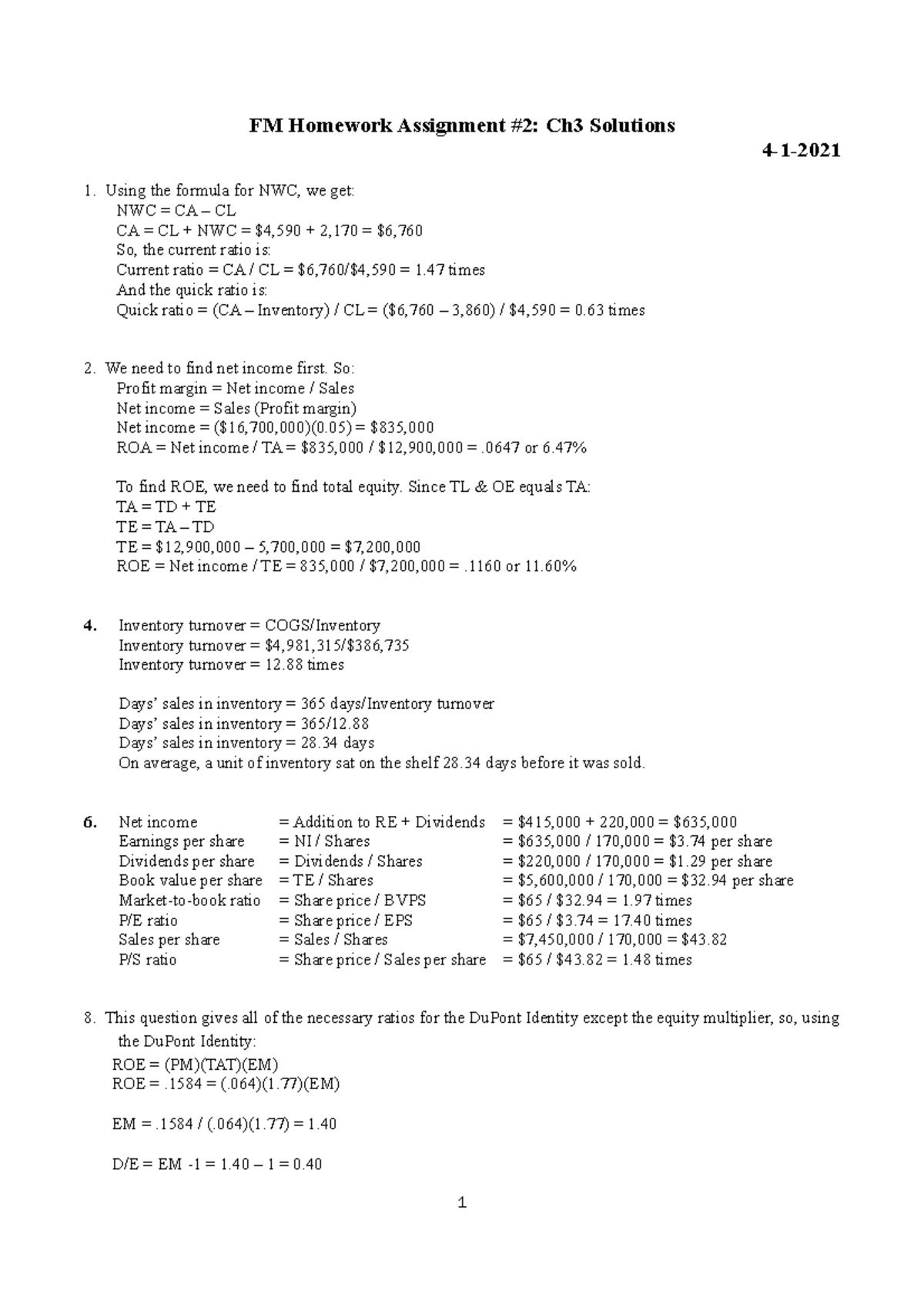 FM1 Hwk2 solution ch3 21s - FM Homework Assignment #2: Ch3 Solutions 4 ...
