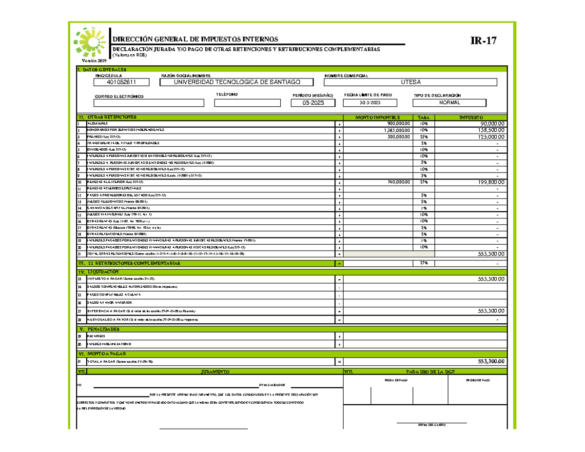 IR-17 Imprimir - CON SOCORRO M - DECLARACIÓN JURADA Y/O PAGO DE OTRAS ...