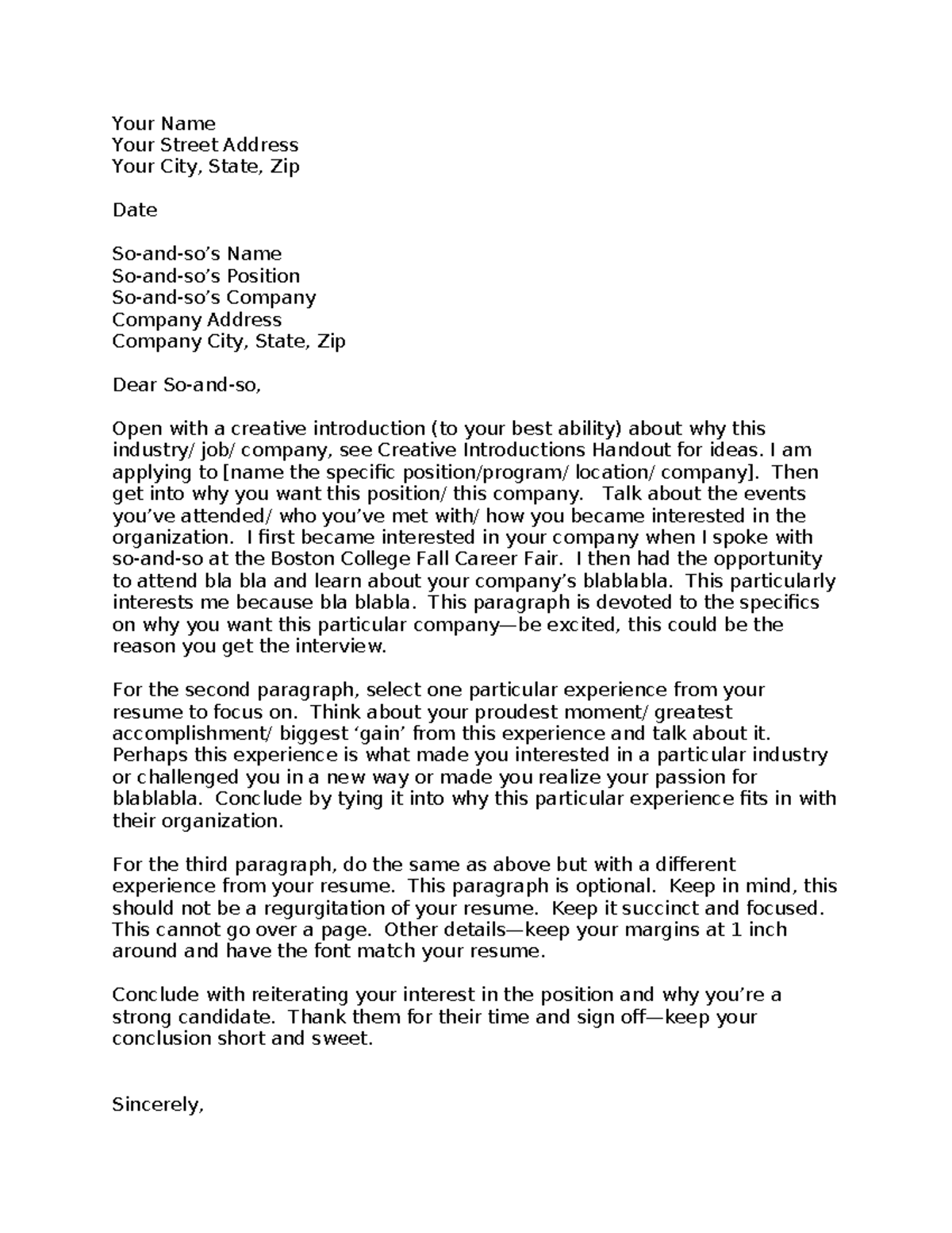 Cover Letter Template - Your Name Your Street Address Your City, State ...