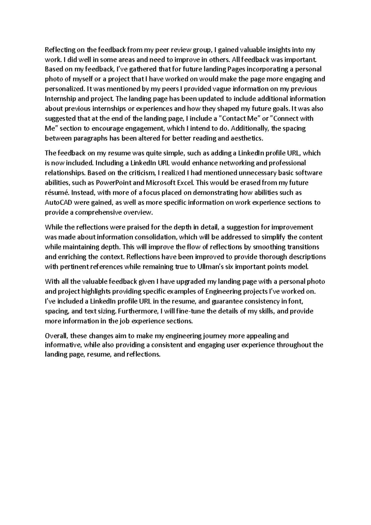 Summary on feedback - Reflecting on the feedback from my peer review group, I gained valuable ...