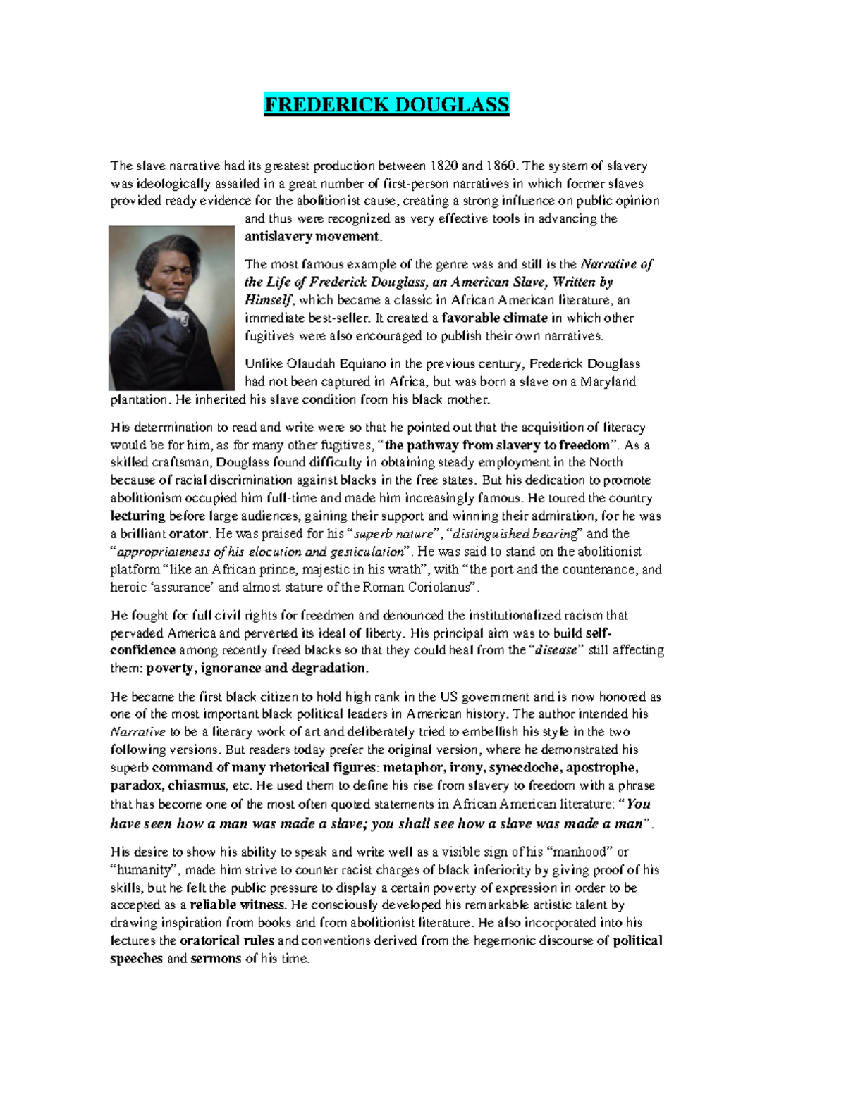 Frederick Douglass - Summary and exploratory questions related to the ...