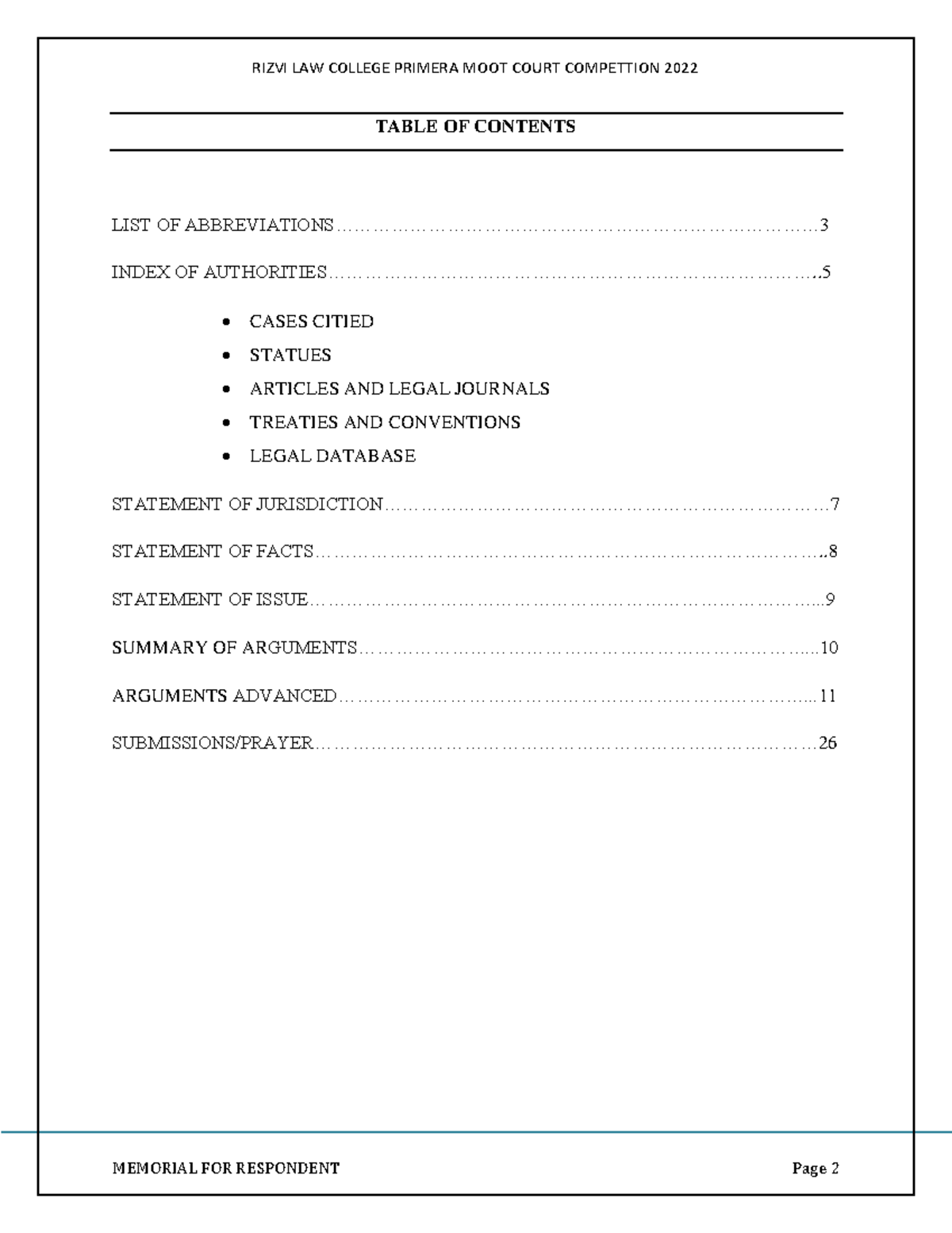 Final MOOT Court Document - TABLE OF CONTENTS LIST OF - Studocu