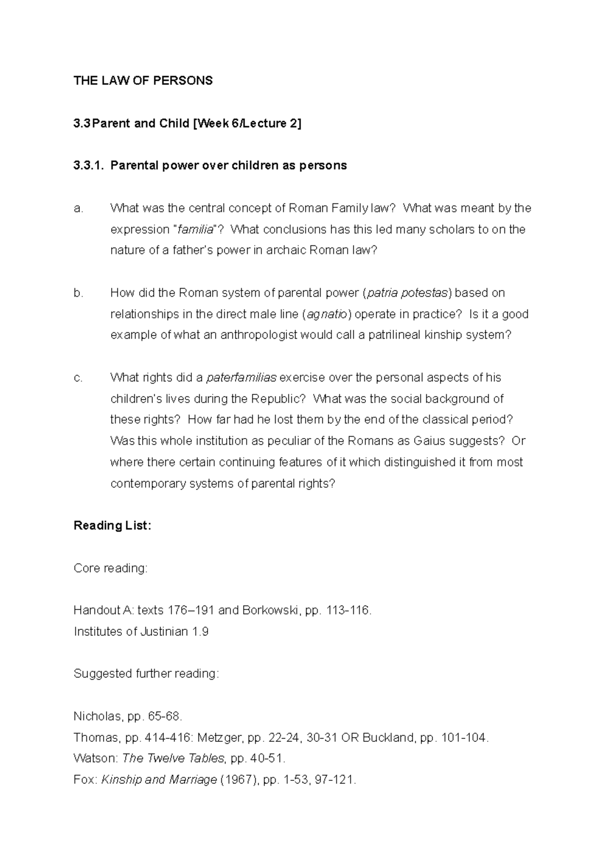 Reading list Week 6 Lecture 2-2 - THE LAW OF PERSONS 3 Parent and Child [Week 6/Lecture 2] 3.3 ...