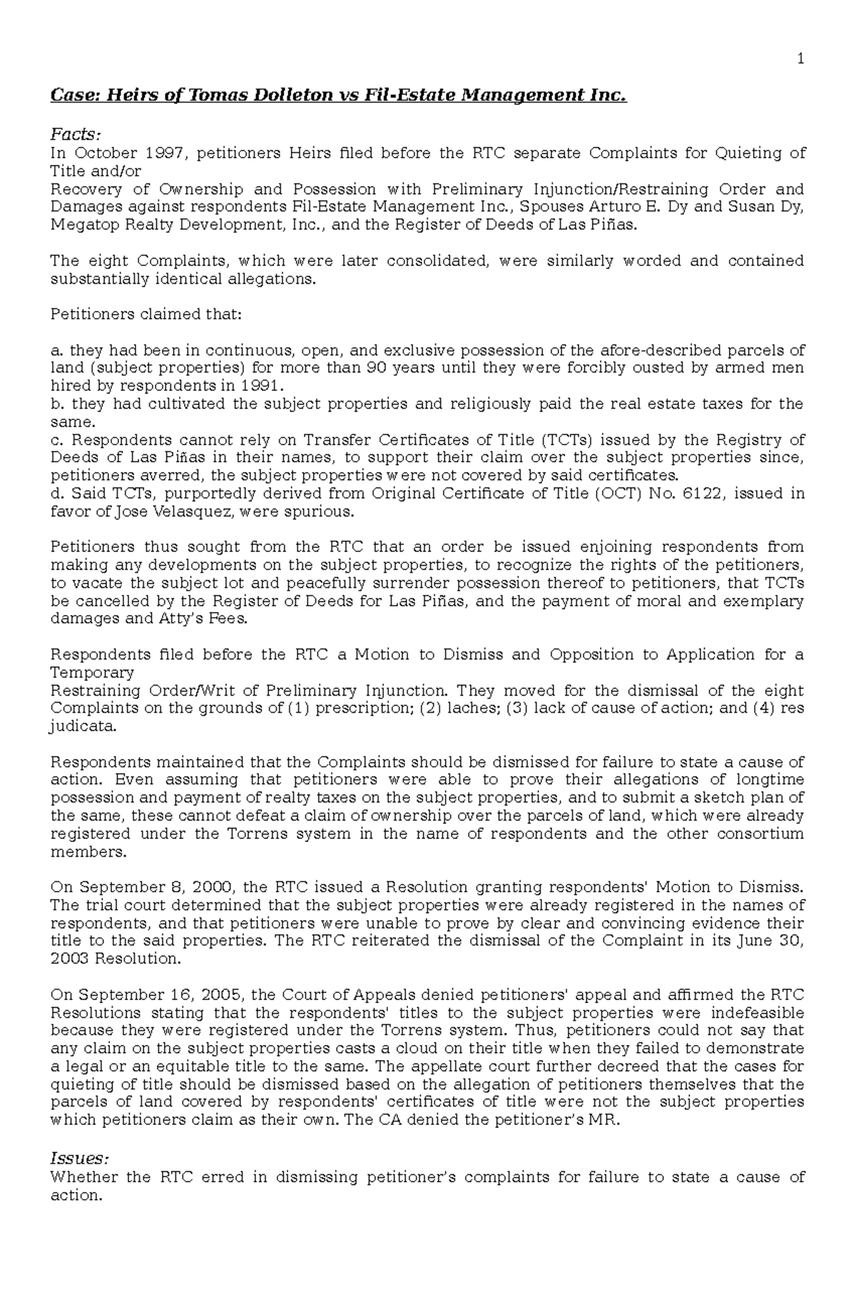 Rule 2 digests - Case: Heirs of Tomas Dolleton vs Fil-Estate Management ...