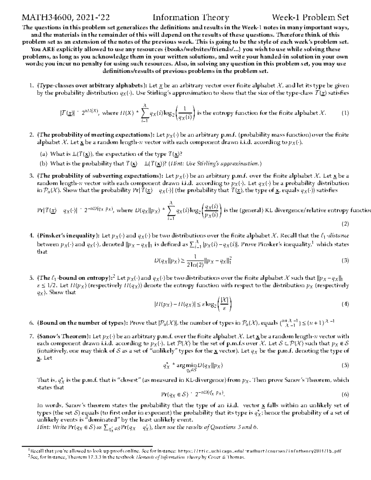 Week-1 - Summary - MATH34600, 2021-‘22 Information Theory Week-1 ...