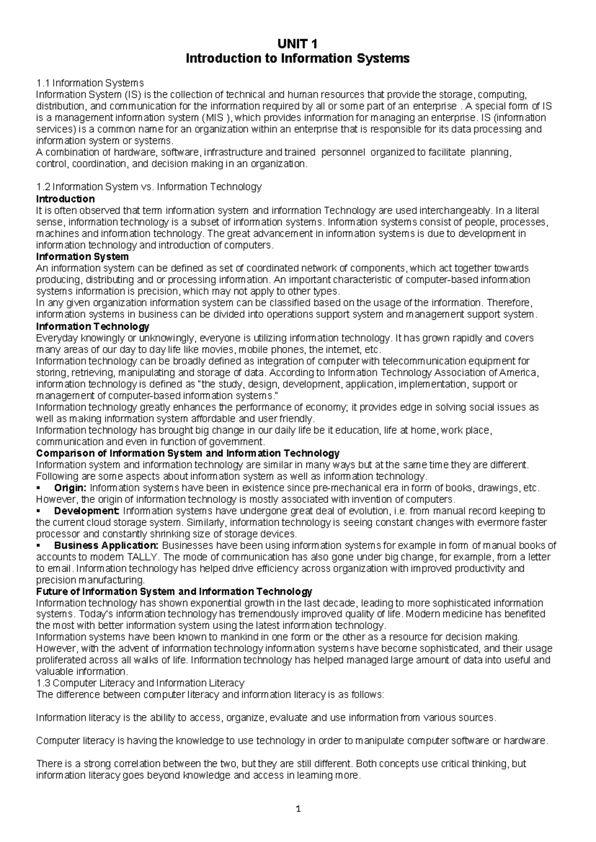 Unit 1to4 - UNIT 1 Introduction to Information Systems 1 Information Systems Information System ...