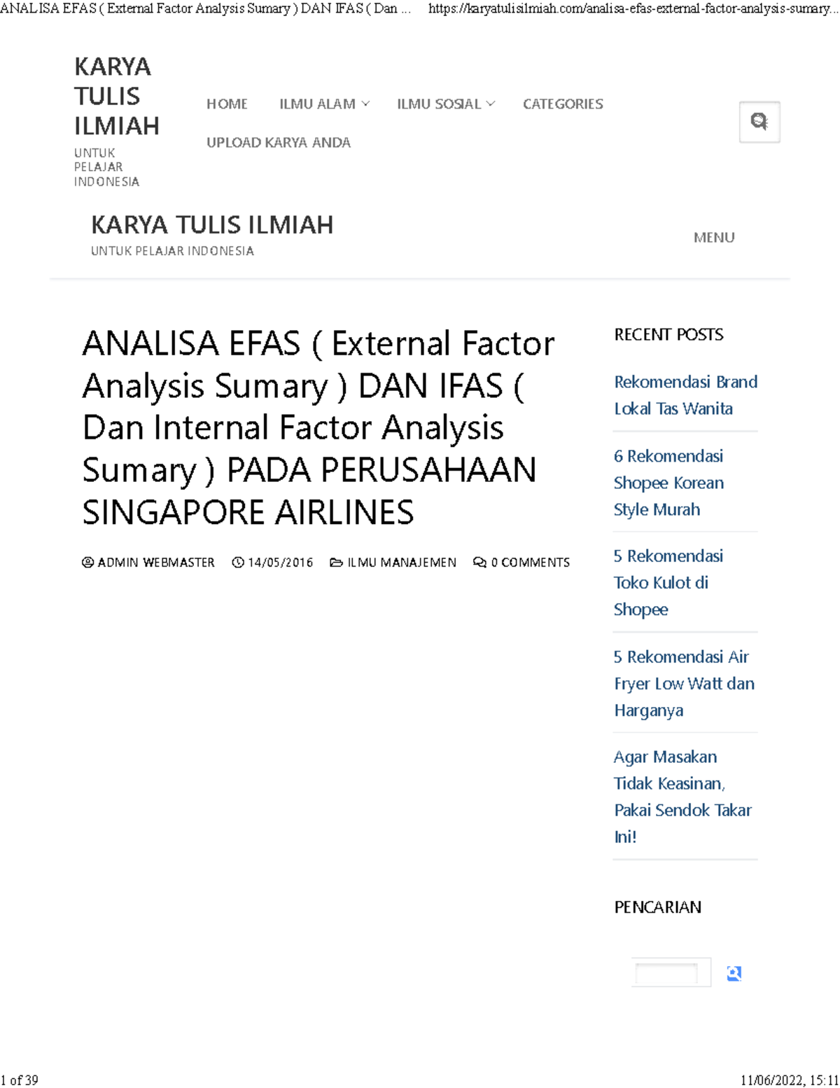 Analisa EFAS ( External Factor Analysis Sumary ) DAN IFAS ( Dan ...