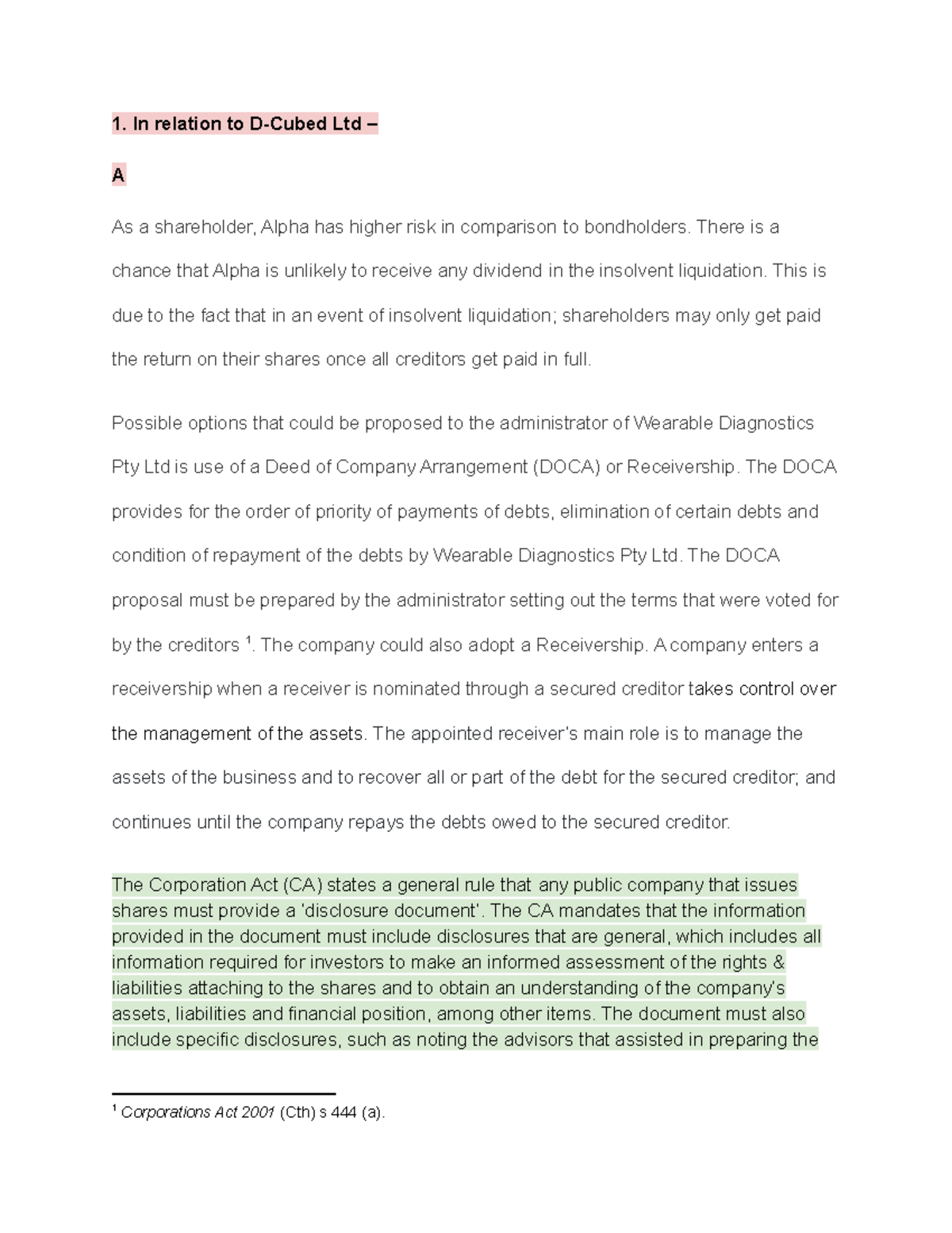 LOFM - LOFM practice - 1. In relation to D-Cubed Ltd – A As a ...