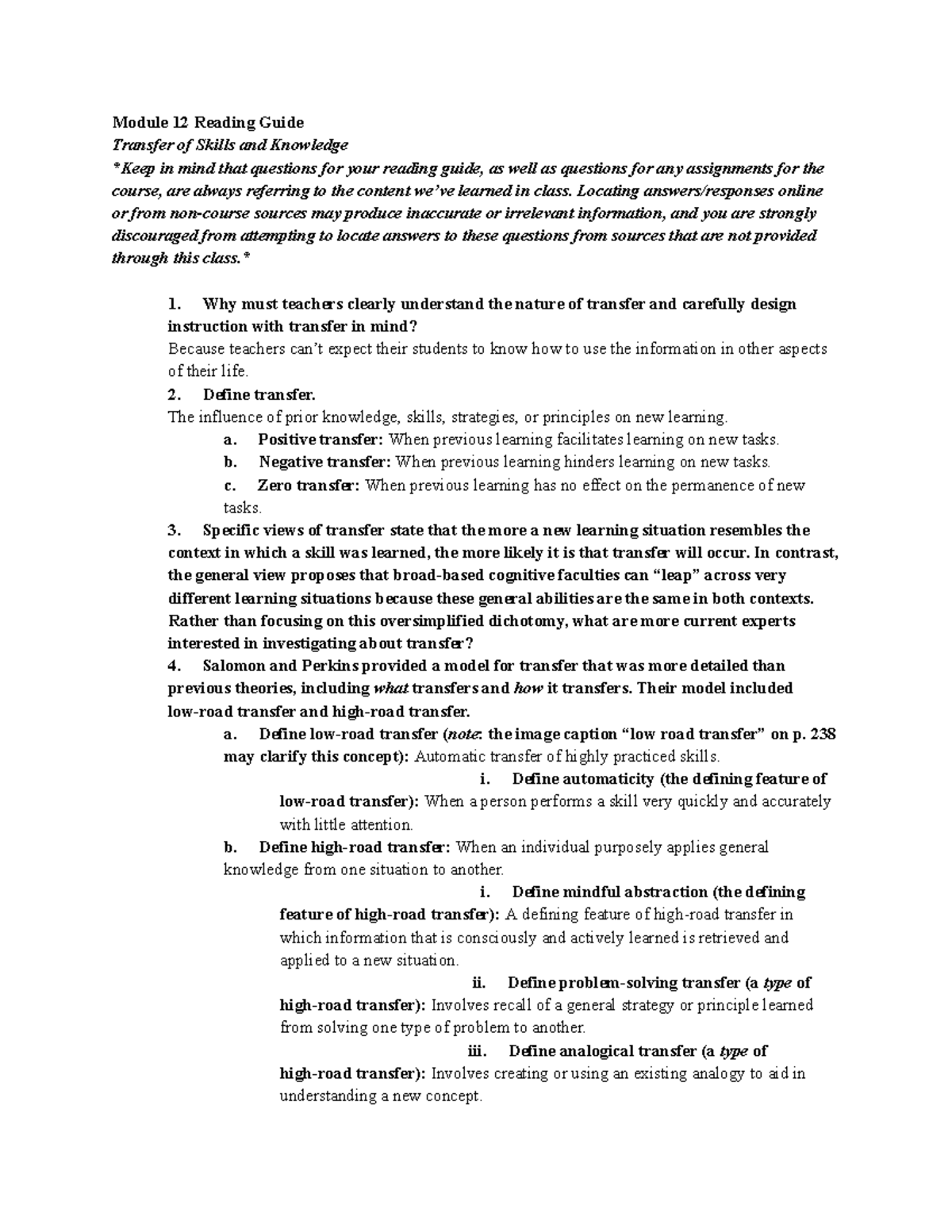 Module 12 Reading Guide - Module 12 Reading Guide Transfer of Skills and Knowledge Keep in mind ...