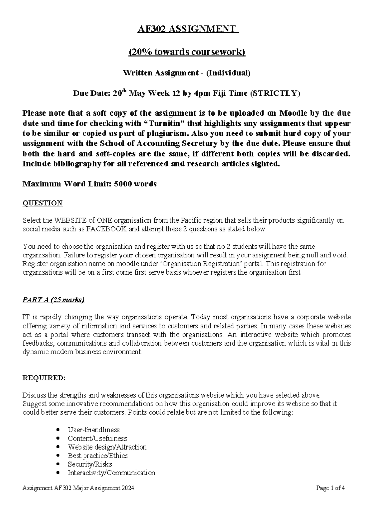 AF302 Major Assignment - 2024 - AF302 ASSIGNMENT (20% towards ...