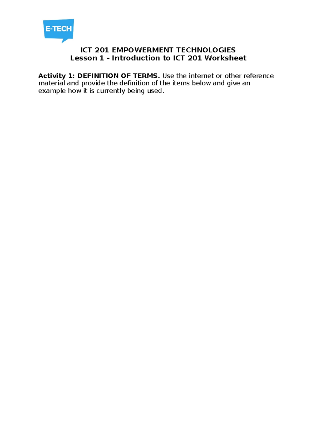 ICT Lesson 1 - Introduction to ICT 201 - Worksheet - ICT 201 ...