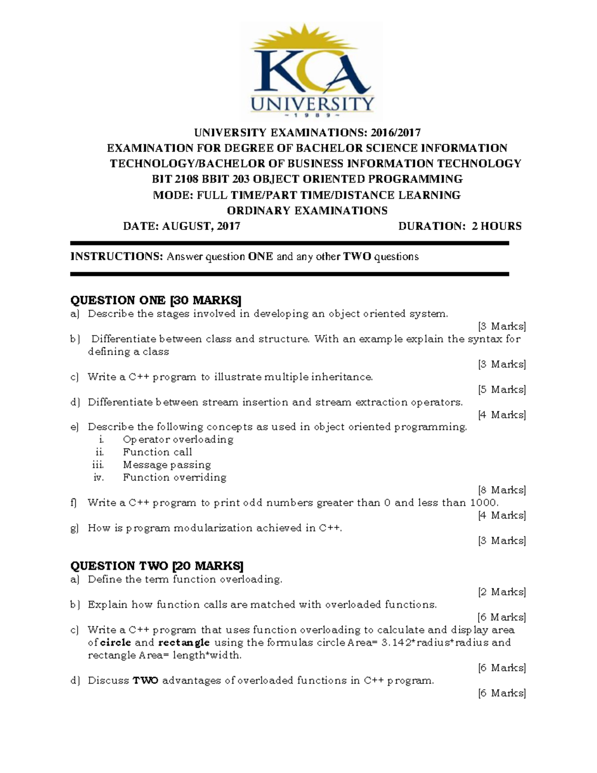 Bit 2108 bbit 203 object oriented programming - Bsc Applied Computing ... Bit 2108 bbit 203 object oriented programming - Bsc Applied Computing ...