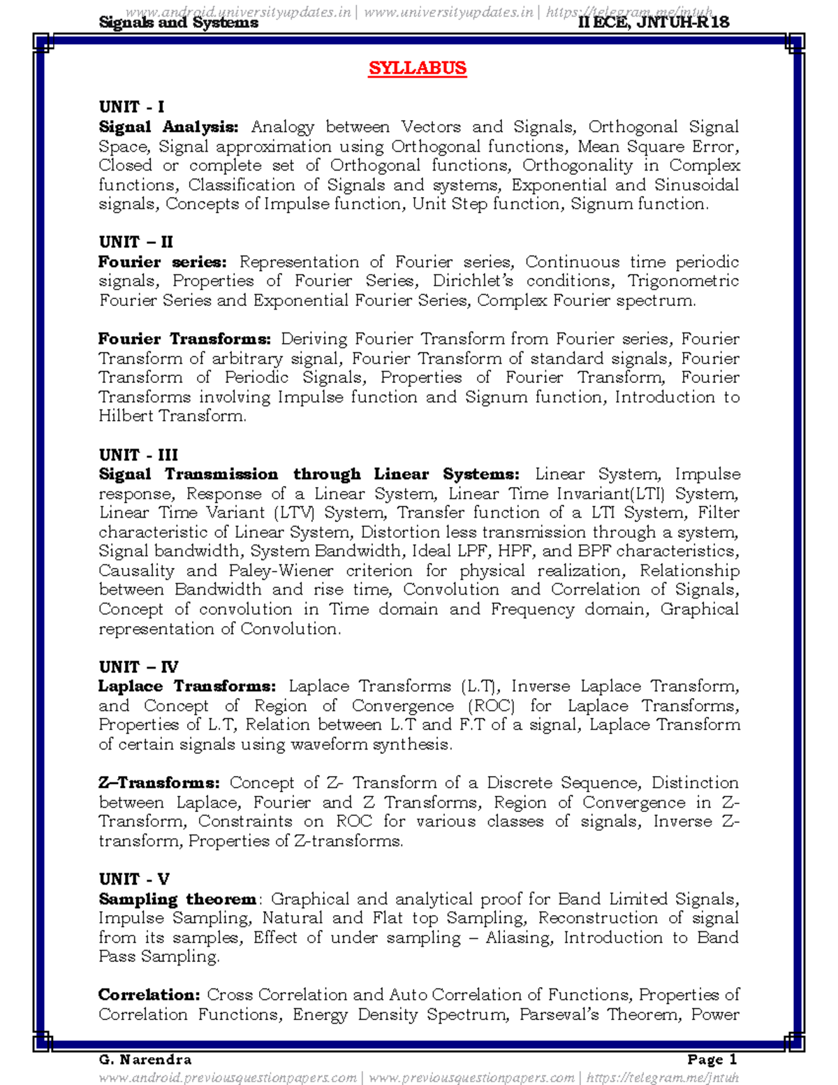 Jntuh Signals and Systems Notes - Signals and Systems II ECE, JNTUH-R G ...
