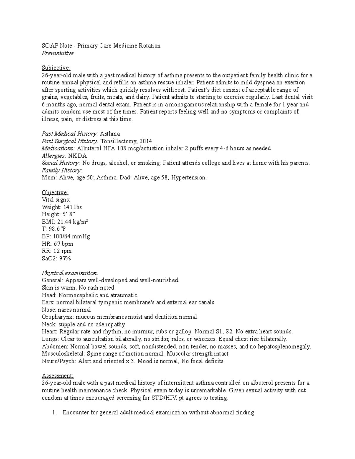 SOAP Note - PCM - SOAP PCM - SOAP Note - Primary Care Medicine Rotation ...