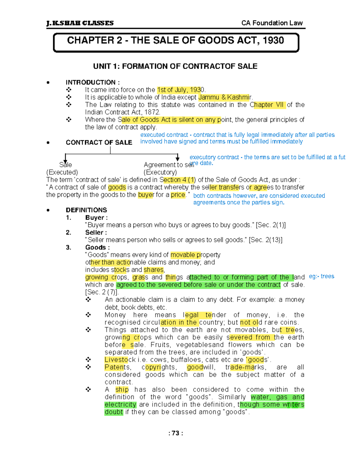 Sale of Goods Act Notes - CHAPTER 2 - THE SALE OF GOODS ACT, 1930 UNIT ...