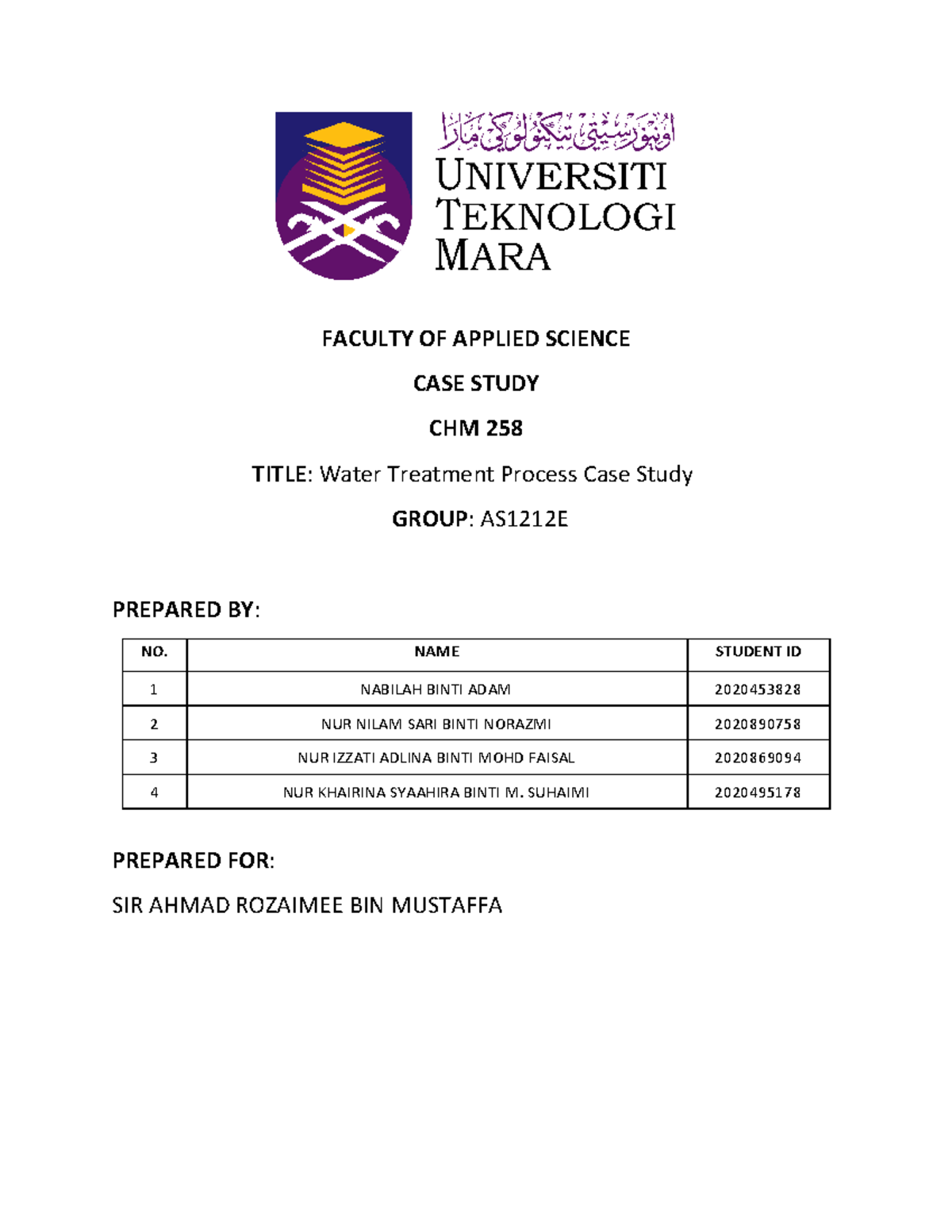 CHM258 Water Treatment CASE Study - FACULTY OF APPLIED SCIENCE CASE ...