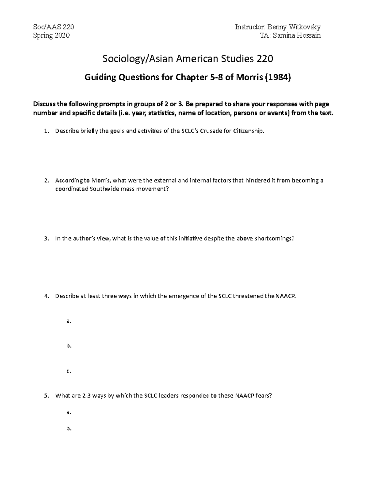 Guiding questions Morris 2 - Spring 2020 TA: Samina Hossain Sociology ...