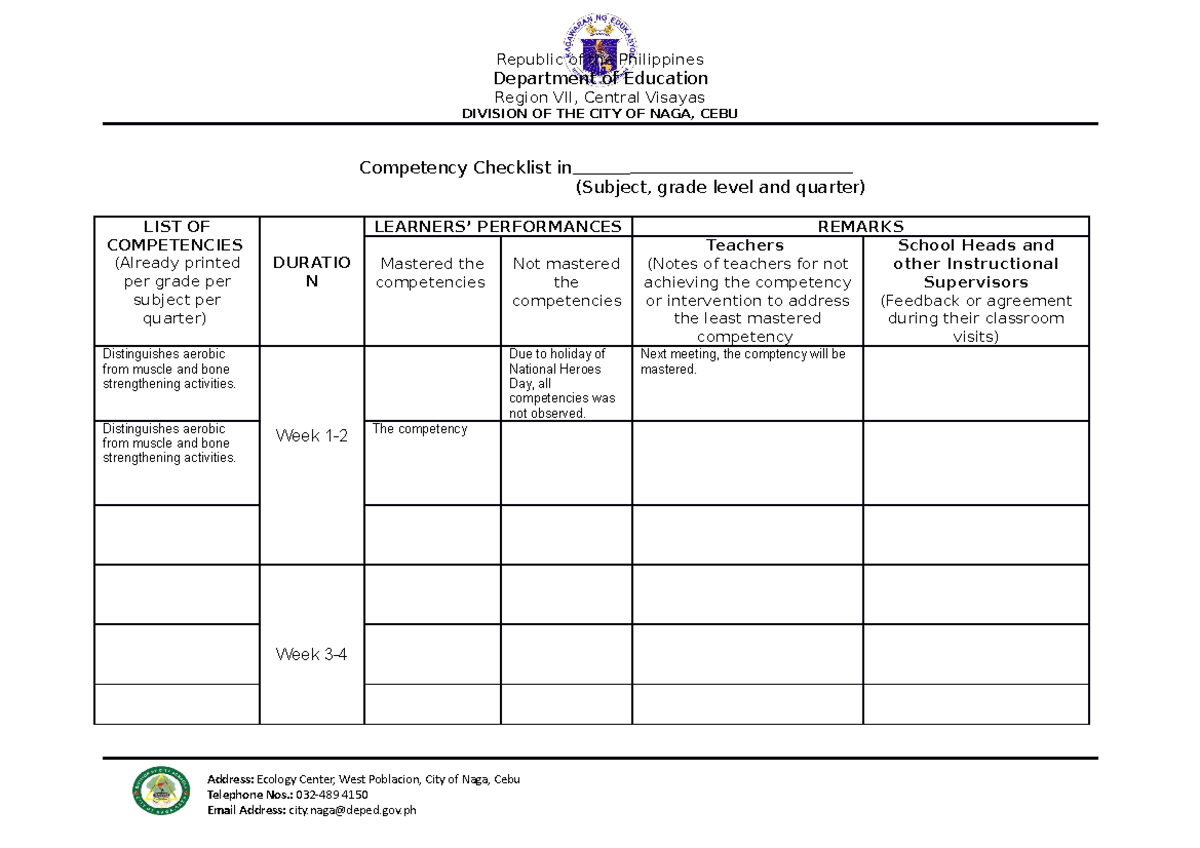 Competency-Checklist in HOPE11 - Republic of the Philippines Department ...