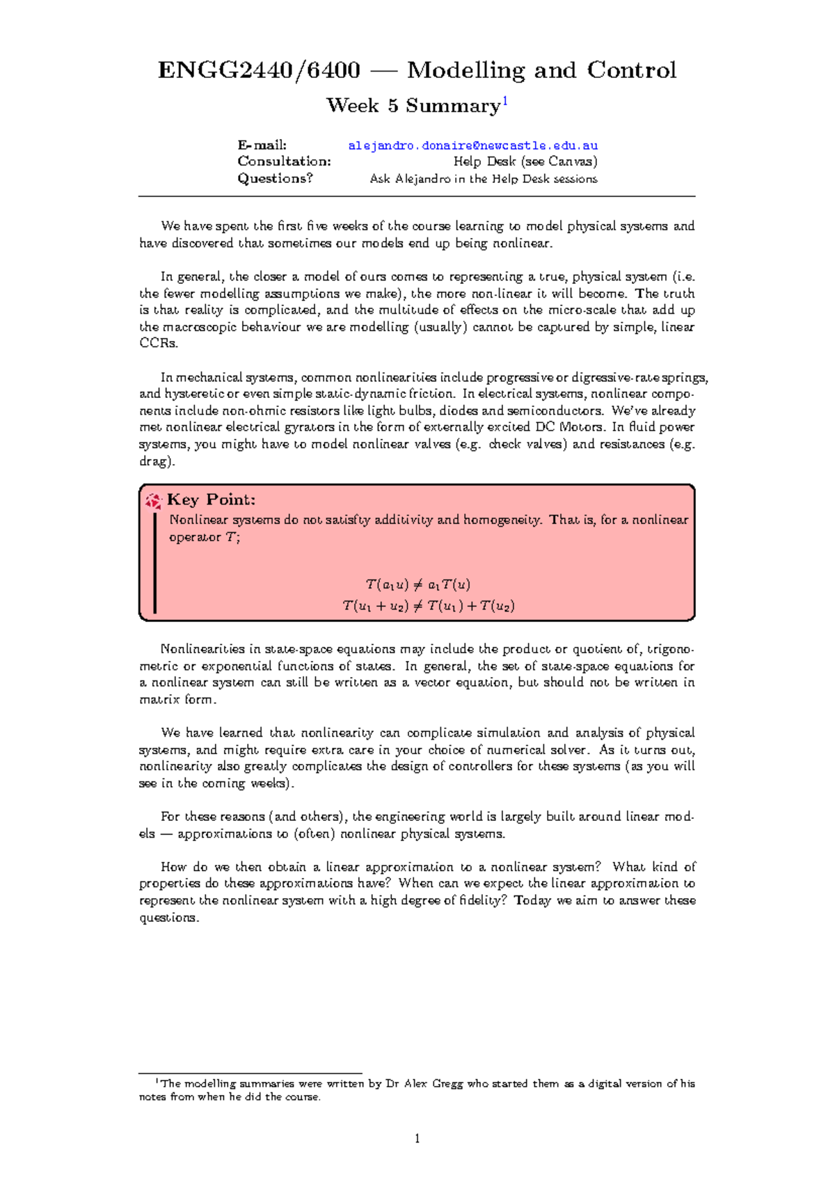 Week 5 - Lecture Summary - ENGG2440/6400 — Modelling and Control Week 5 ...