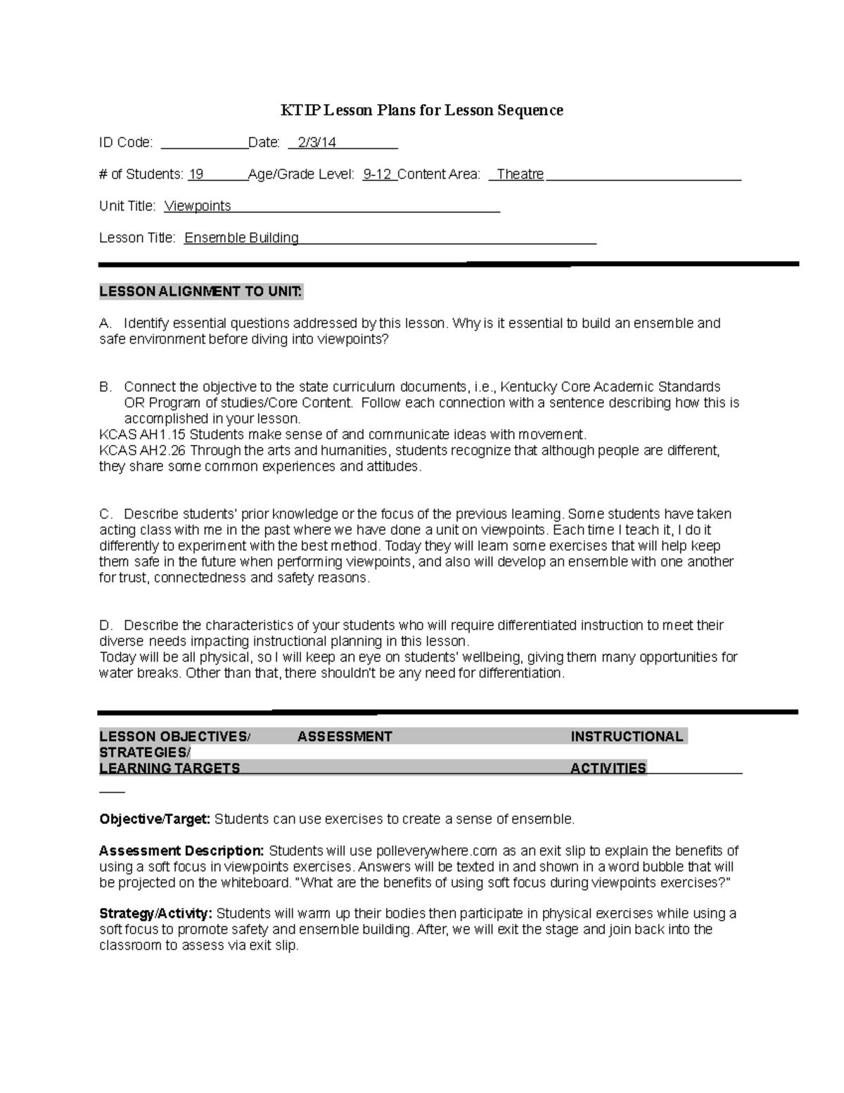 Cycle 2 Day 2 Ensemble Building - KTIP Lesson Plans for Lesson Sequence ...