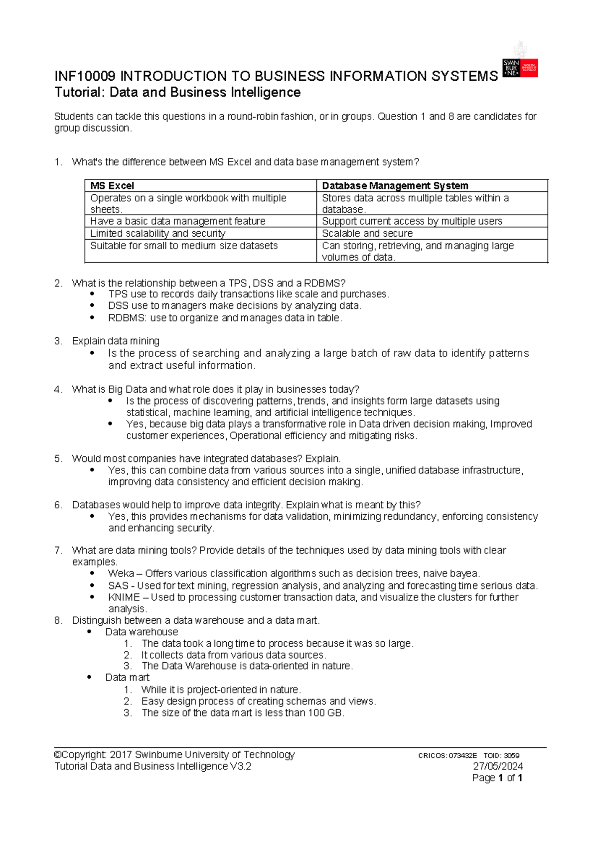 IBIS Lab work 101 - INF10009 INTRODUCTION TO BUSINESS INFORMATION ...