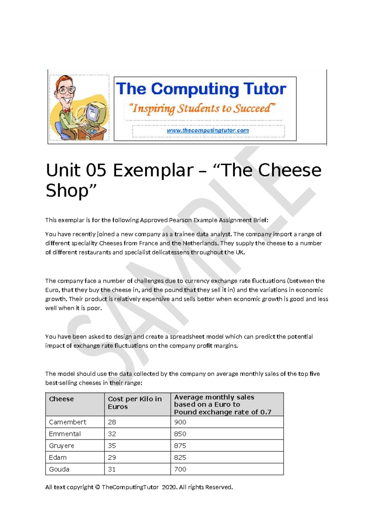 Sample Teacher Notes cheese shop exemplar Answer - Unit 05 Exemplar ...