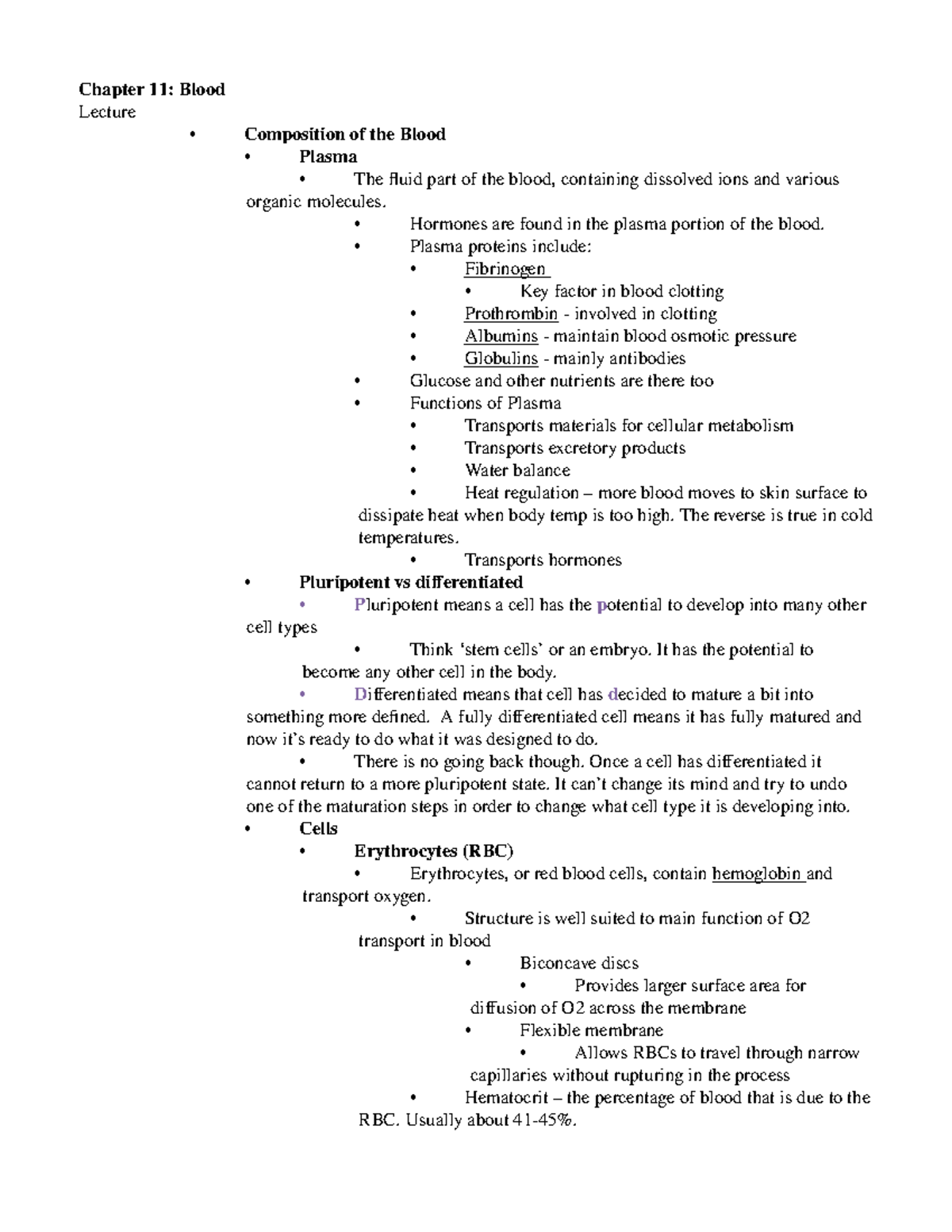 Ch. 11 Blood - Lecture notes chapter 11 - Chapter 11: Blood Lecture ...