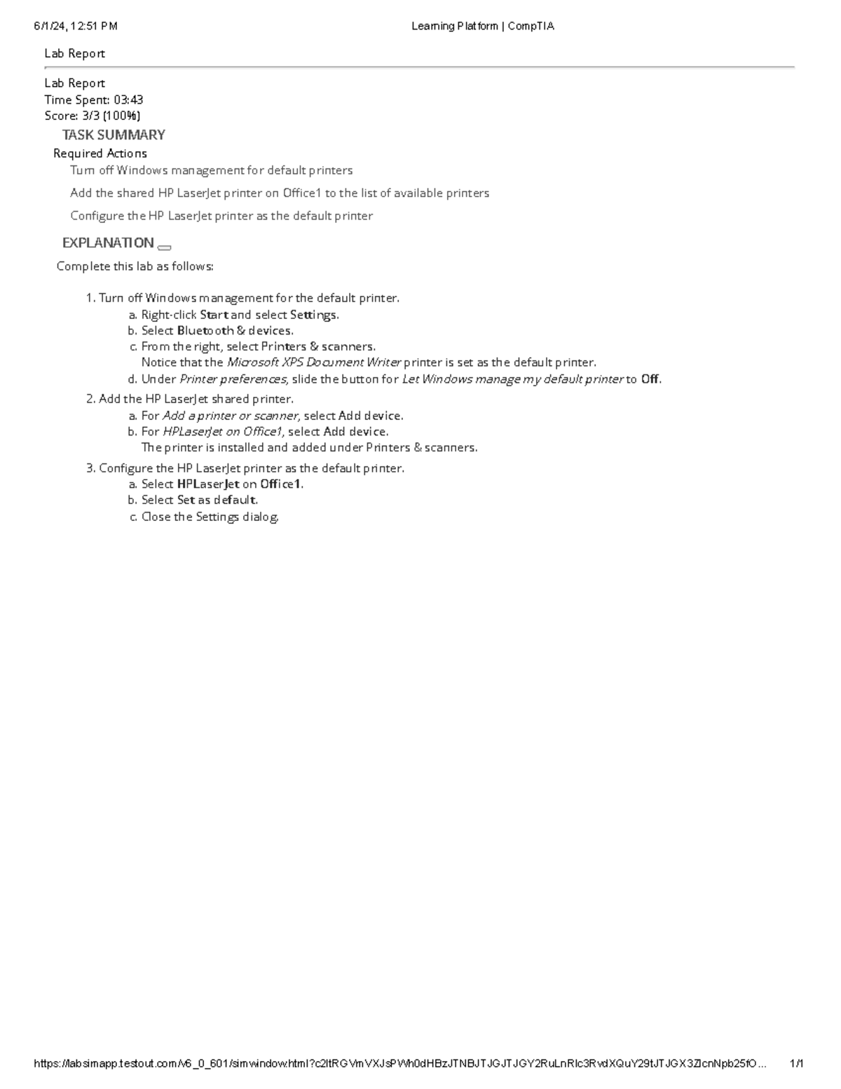 3.5.5 - Configure Default Printers (Simulation) - Lab Report Lab Report Time Spent: 03: Score: 3 ...