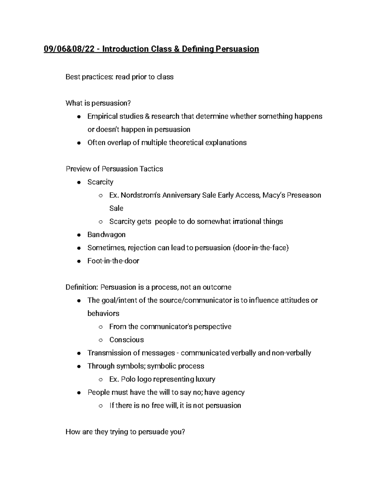 Persuasion Theory Lecture Notes - 09/06&08/22 - Introduction Class ...