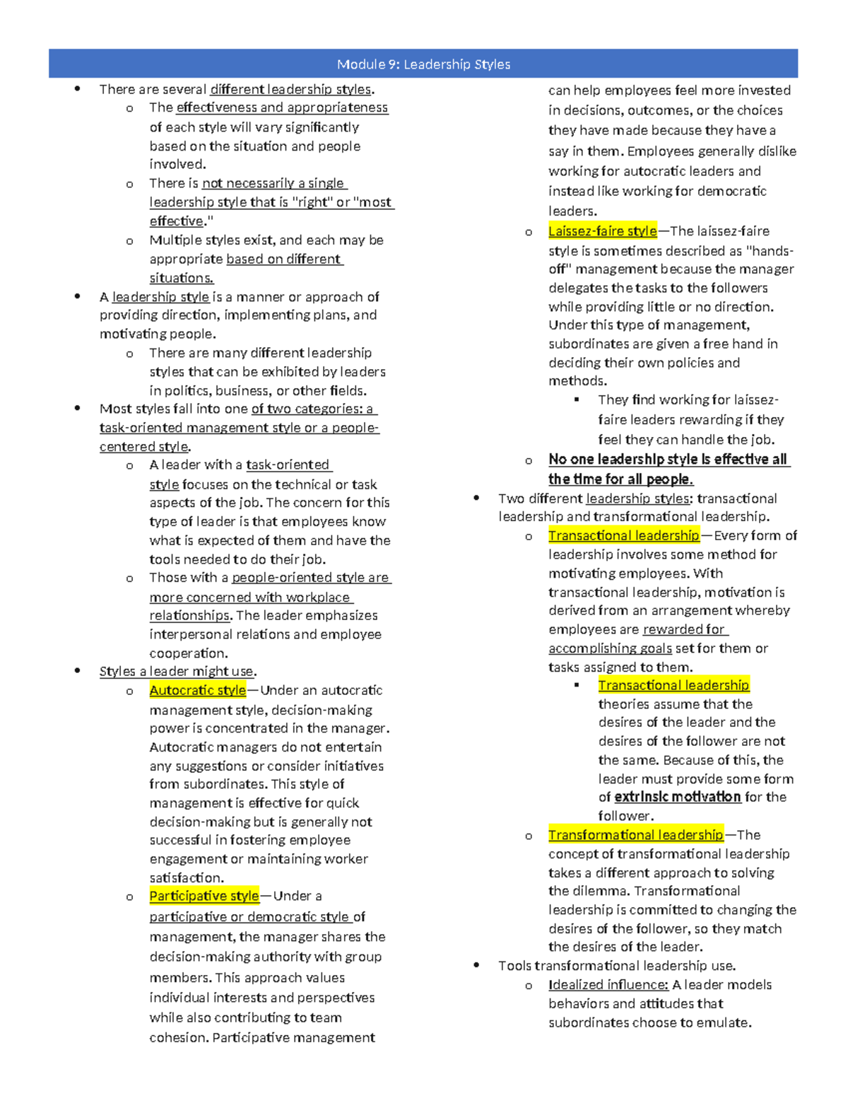 D072 Module 9 Leadership Styles handout - There are several different ...