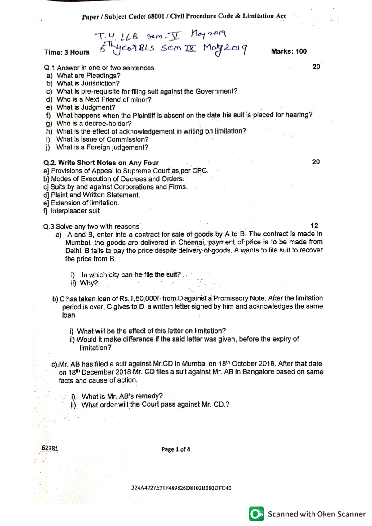 2018-19 Question Paper CPC - Bachelors of Law - 3 years - Studocu