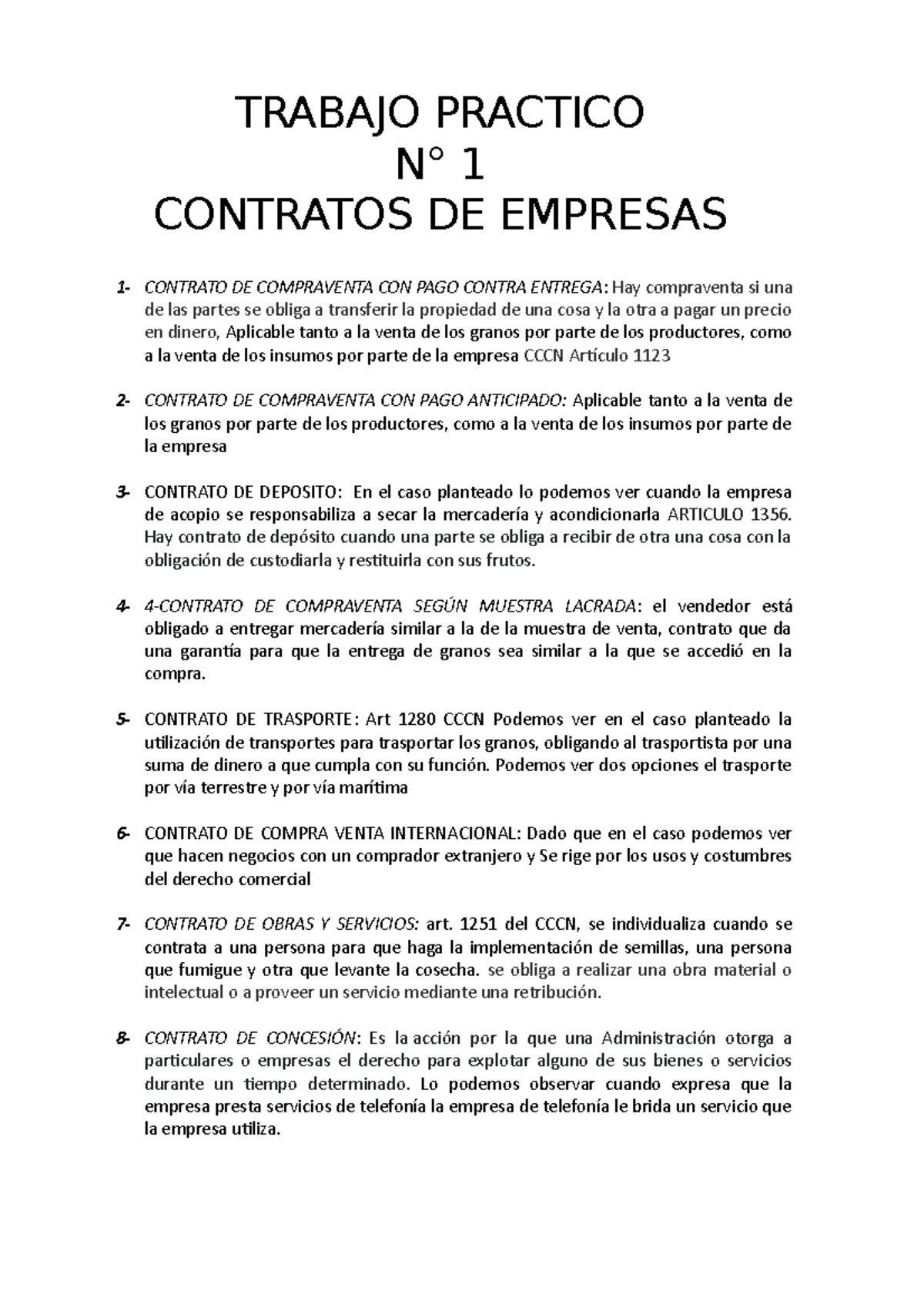 Contratos DE Empresas 1 - TRABAJO PRACTICO N° 1 CONTRATOS DE EMPRESAS 1- CONTRATO DE COMPRAVENTA ...